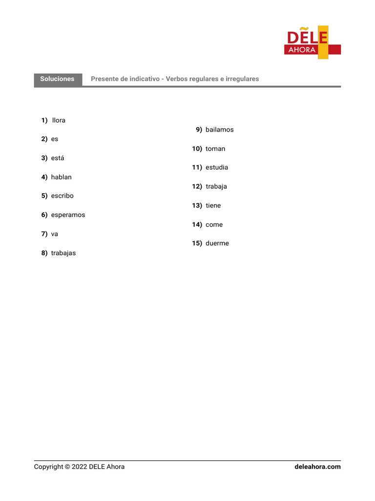 Presente de Indicativo Verbos Regulares e Irregulares - Soluciones ...