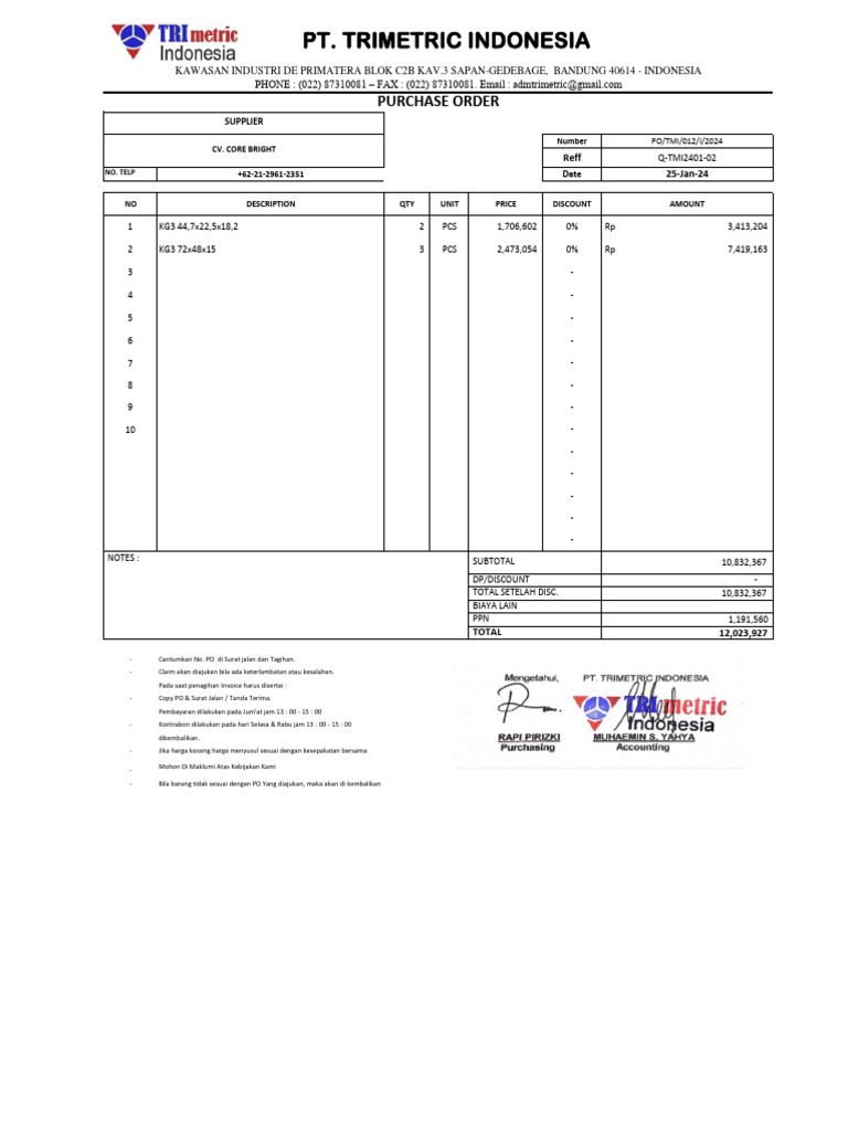 Purchase Order CV. Core Bright | PDF