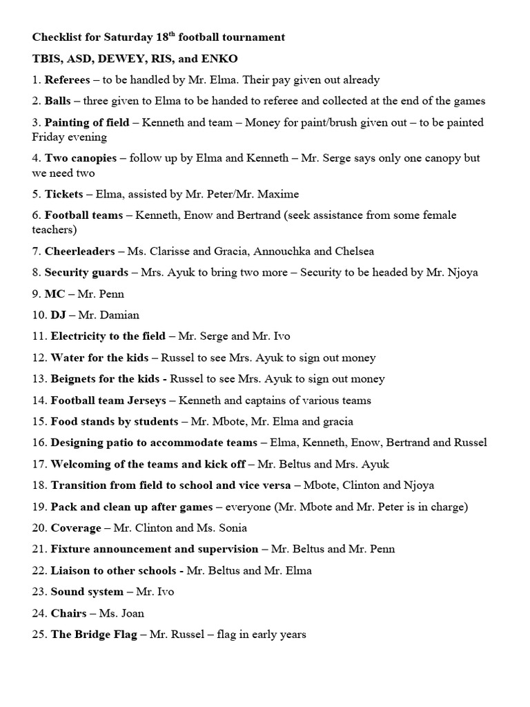 Football Tournament Checklist | PDF