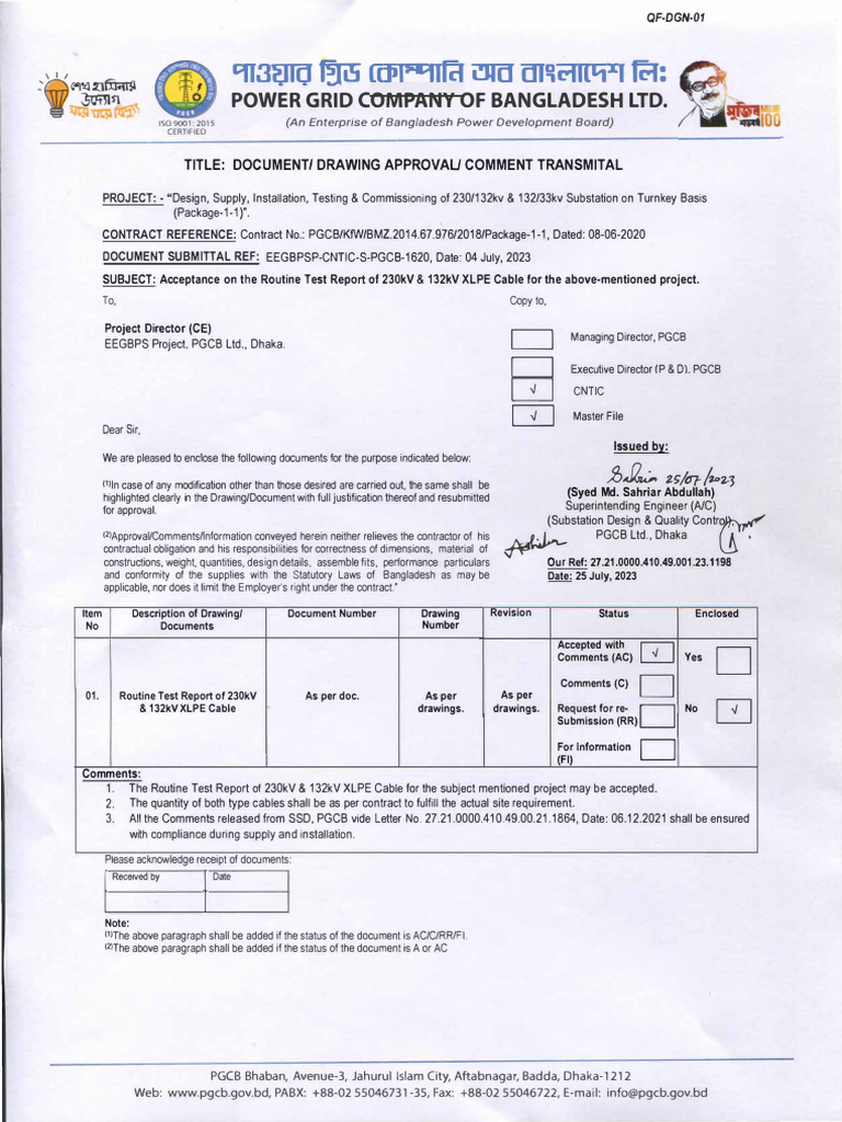 Acceptance of Routine Test Report of 230kV & 132kV XLPE Cable | PDF ...