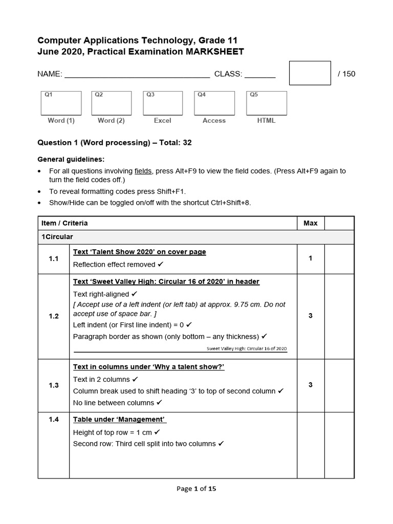CAT Gr11 Practical June2020 MARKSHEET StudyOpp | PDF
