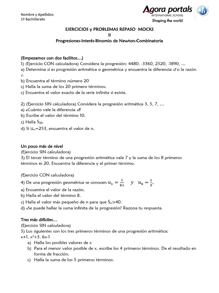 Progresiones, Interés y Binomio: Ejercicios Bachillerato | PDF | Aritmética | Matemáticas