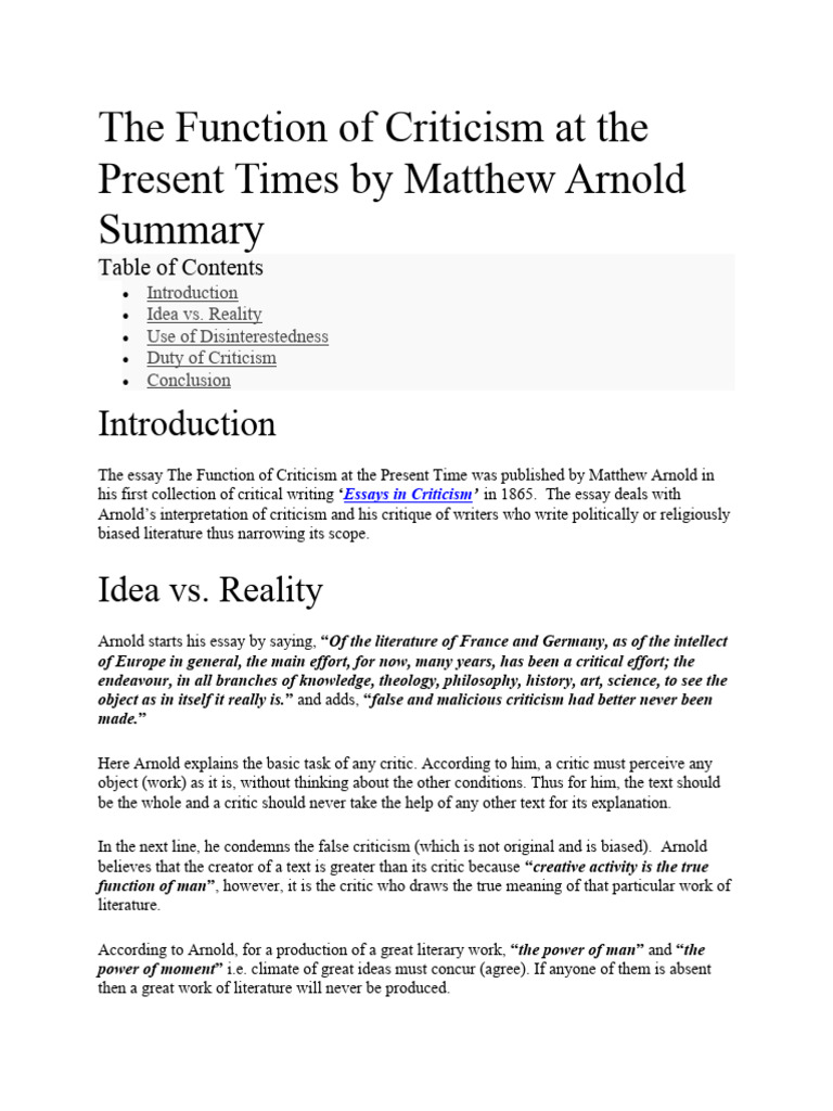 The Function of Criticism at The Present Times by Matthew Arnold Summary | PDF | Essays | Reality