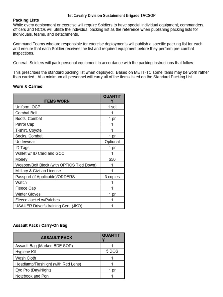 1CDSB TACSOP Packing List-1 | PDF | Sock | Backpack