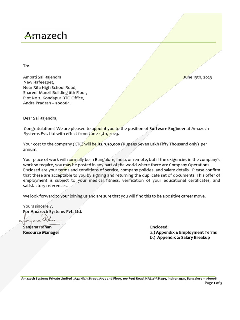 Sai Rajendra - Offer Letter-June 2023 | PDF | Employment | Taxes
