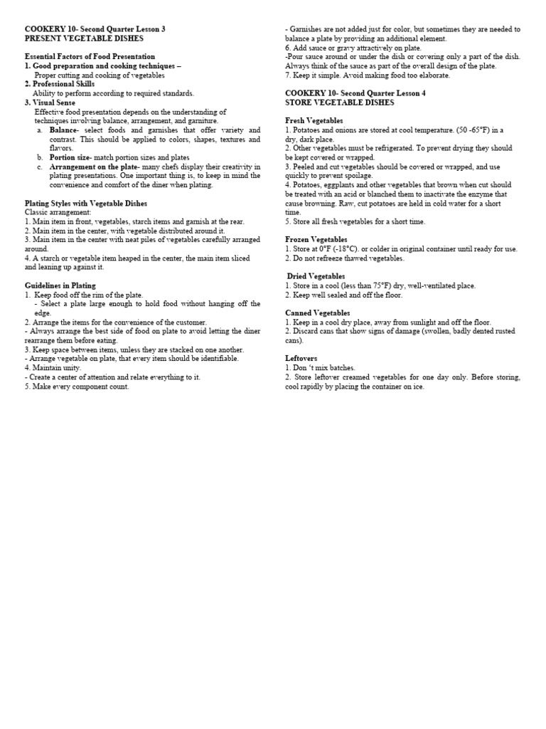 TLE Notes Lesson 3 and 4 Q2 | PDF | Cooking | Vegetables