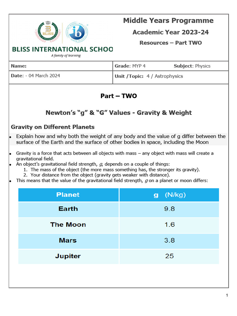 2023-24 MYP4 Phy U4 AP Resources-Part TWO | PDF | Gravity | Mass