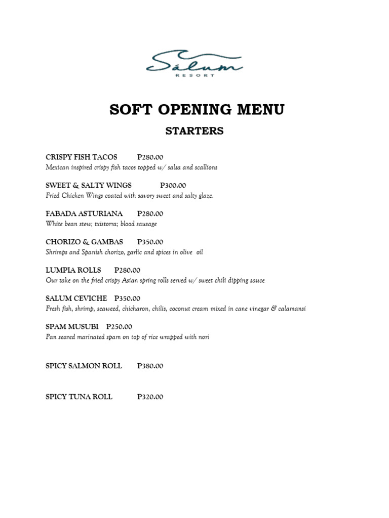 Salum Resort Soft Opening Menu | PDF | Sauce | Food Ingredients