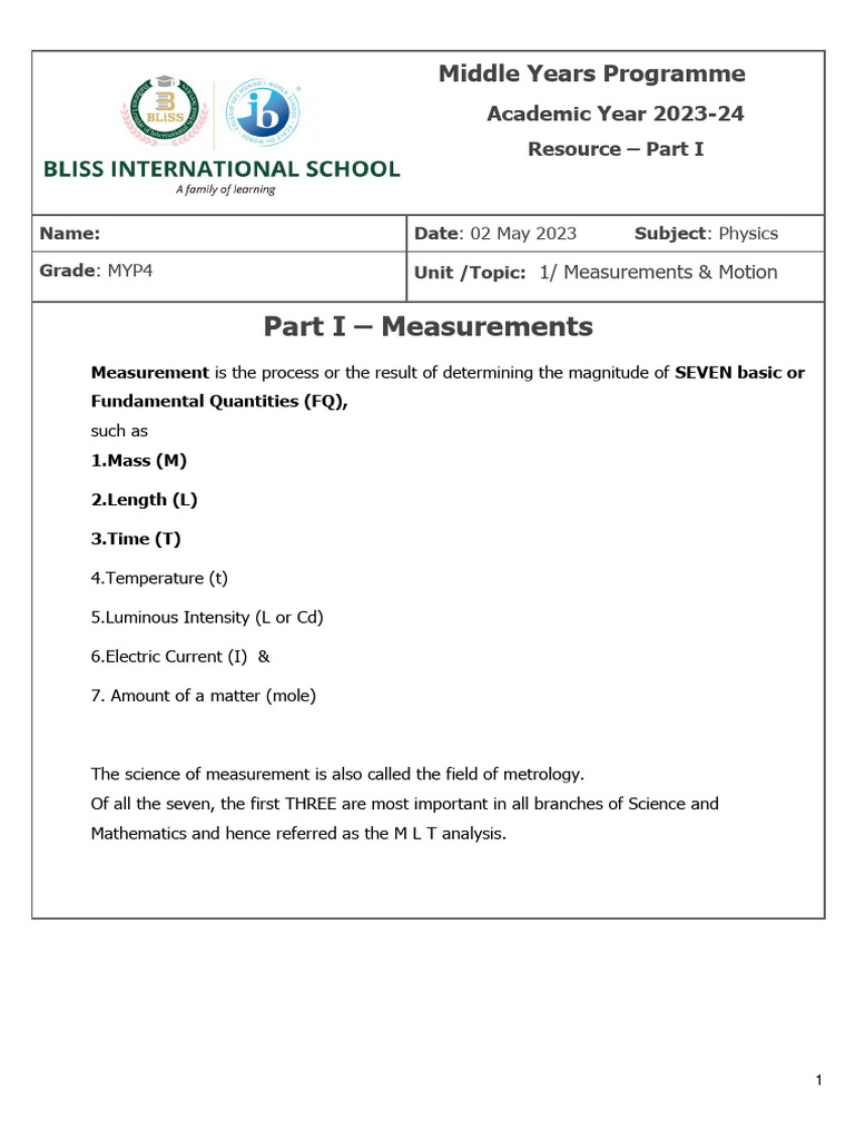MYP Physics: Measurements & Motion Guide | PDF | International System ...