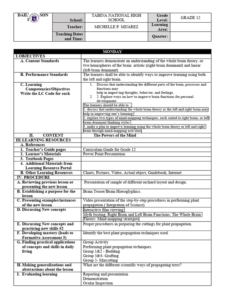 Grade 12 Whole Brain Learning Plan | PDF