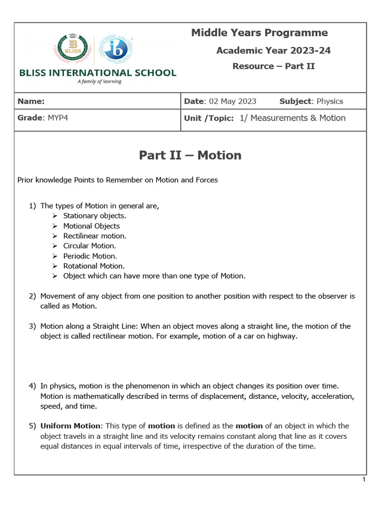 2023-24 MYP4 Phy U1 Resource Part II On M&M-02 May | PDF | Weight | Force