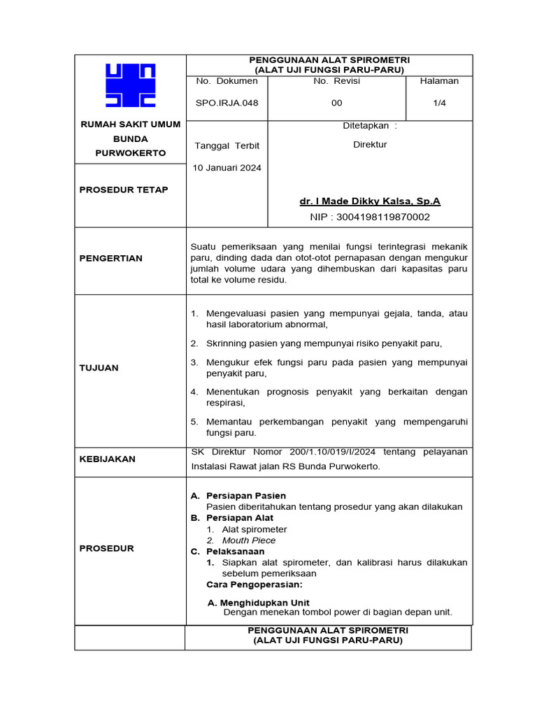 Spo Penggunaan Alat Spirometri | PDF
