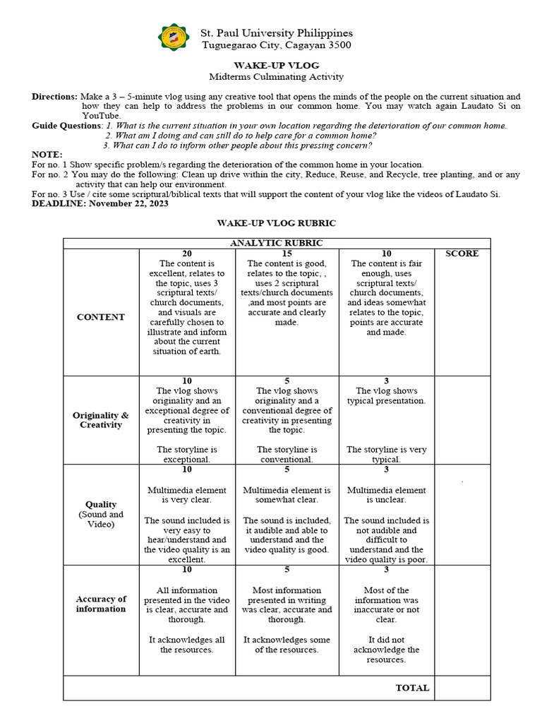 Wake Up Vlog Rubric 2 | PDF | Language Arts & Discipline