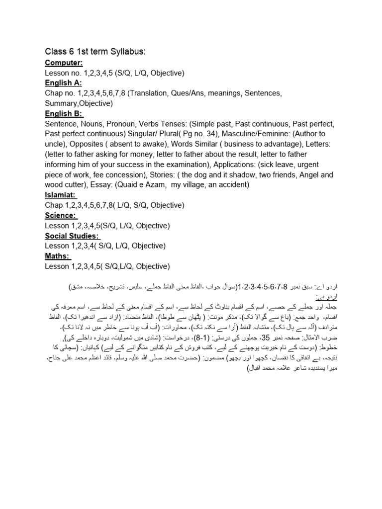 Class 6 1st Term Syllabus | PDF