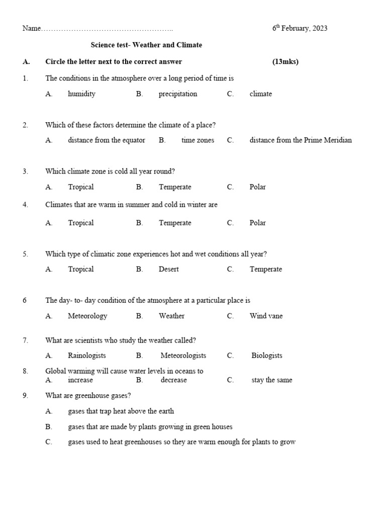 Science Test - Weather and Climate | PDF | Climate | Temperate Climate
