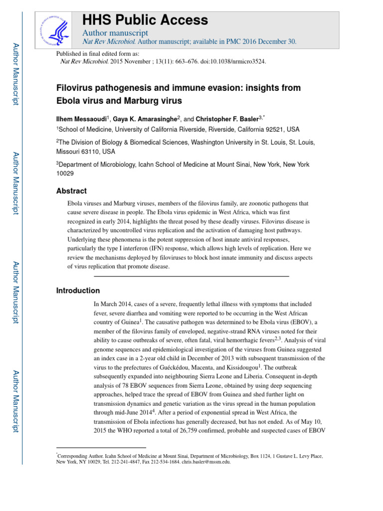 HHS Public Access: Filovirus Pathogenesis and Immune Evasion: Insights ...