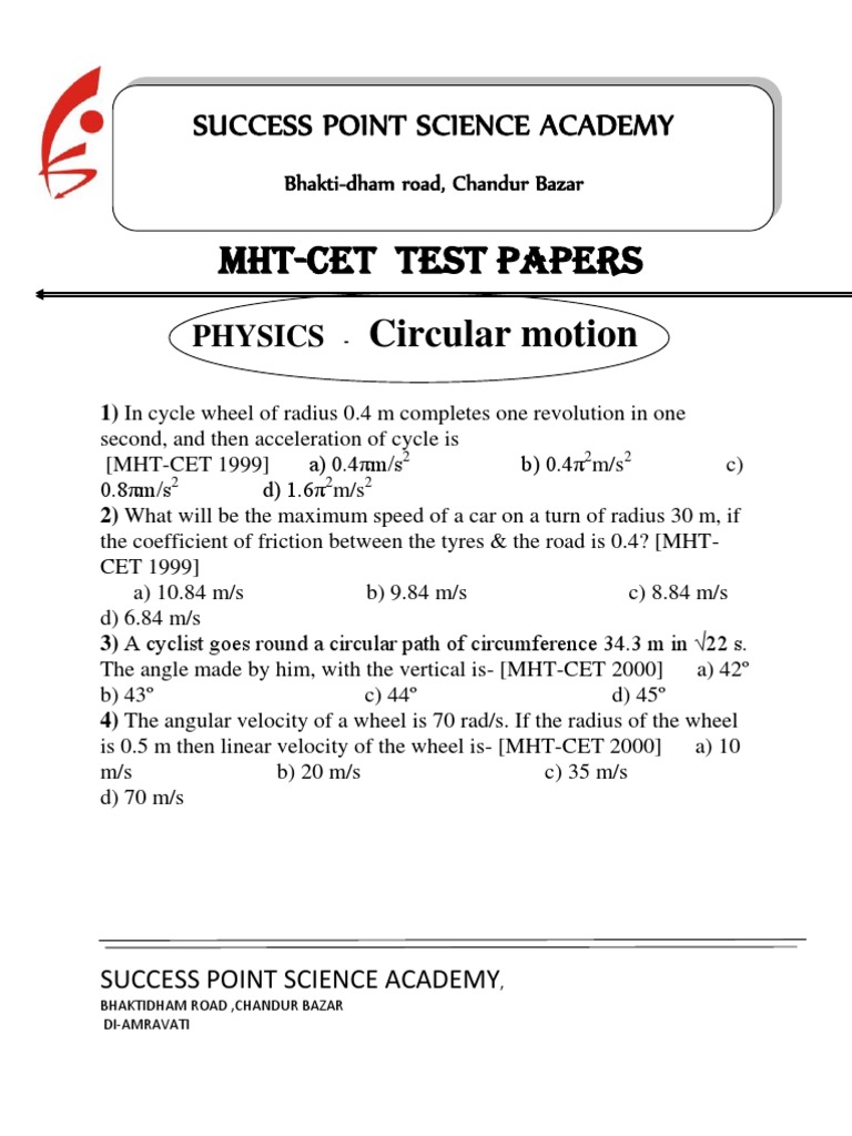 MHT-CET Physics: Circular Motion MCQs | PDF | Acceleration | Speed