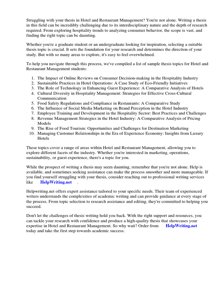Sample Thesis Topics For Hotel and Restaurant Management Students | PDF ...