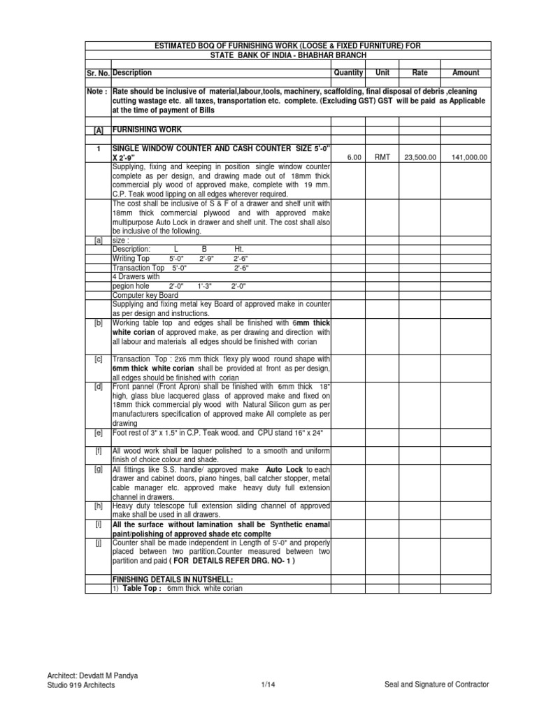 Furniture Estimate Boq | PDF | Door | Plywood