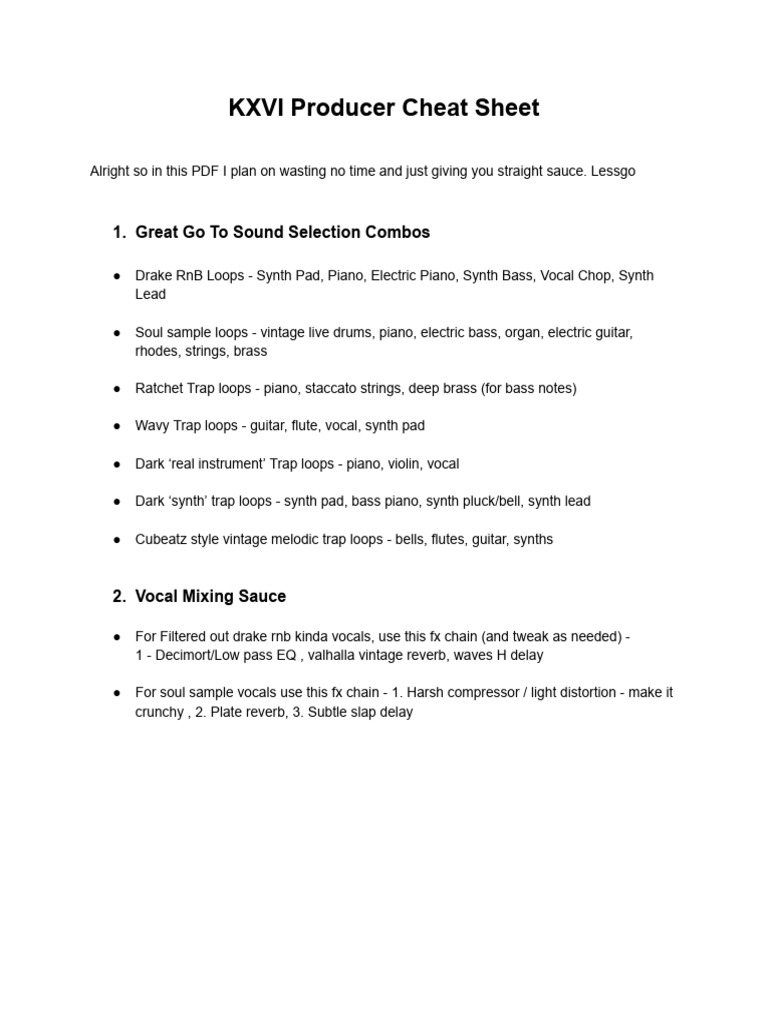 KXVI Producer Cheat Sheet | PDF | Piano | Synthesizer