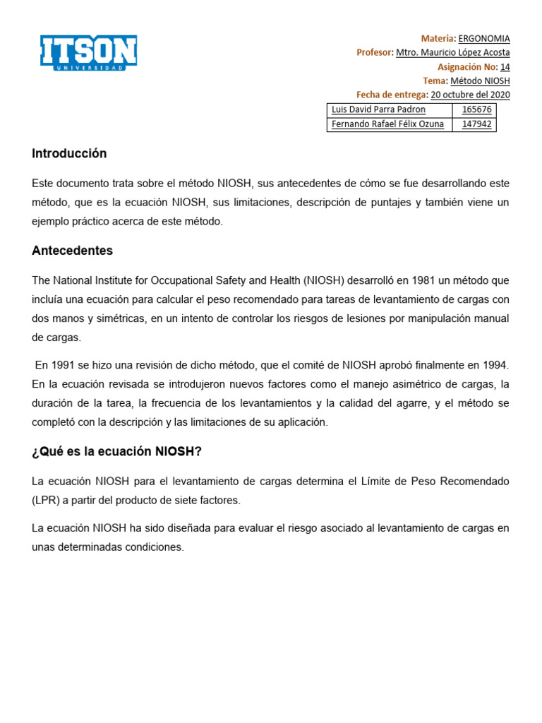 NIOSH | PDF | Factores humanos y ergonomía