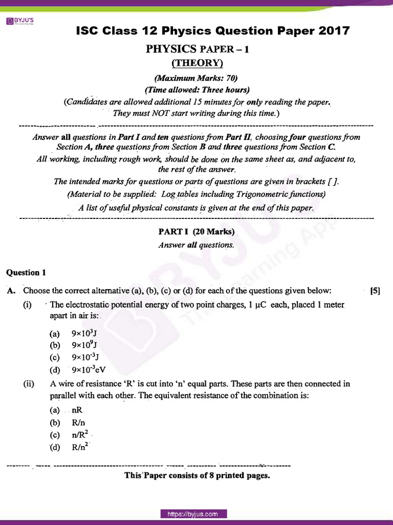 ISC Class 12 Physics Question Paper 2017 | Download Free PDF | Quantity ...