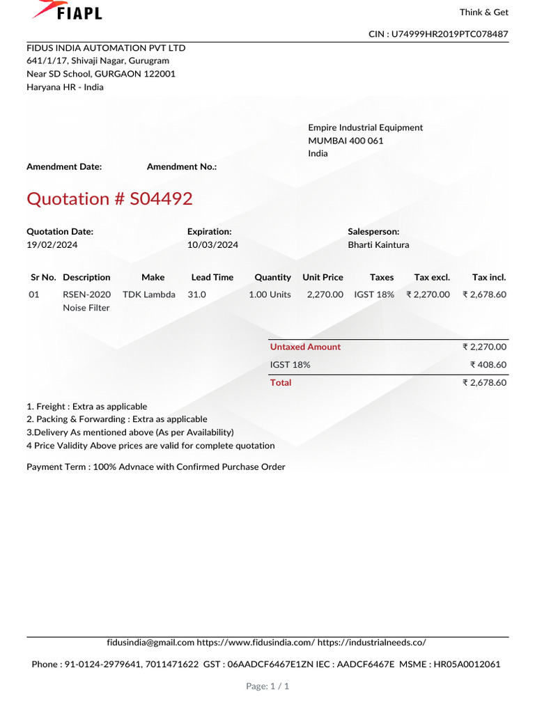 Industrial Equipment Quotation | PDF