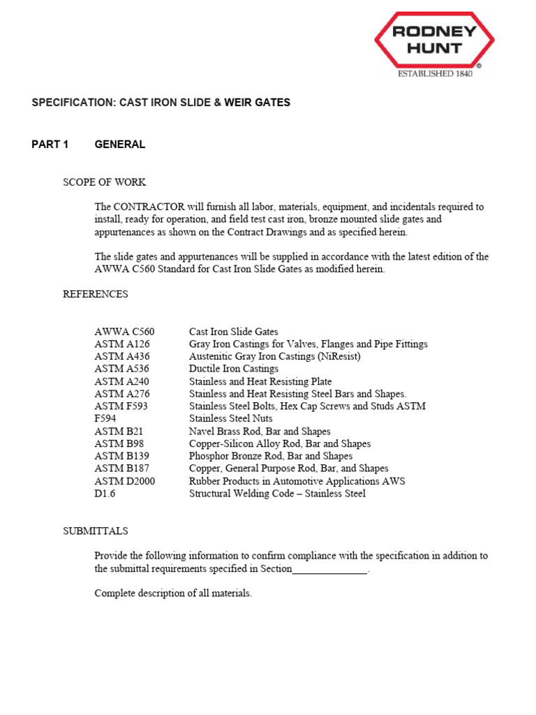 Cast Iron Slide Gate Specification | PDF | Screw | Steel