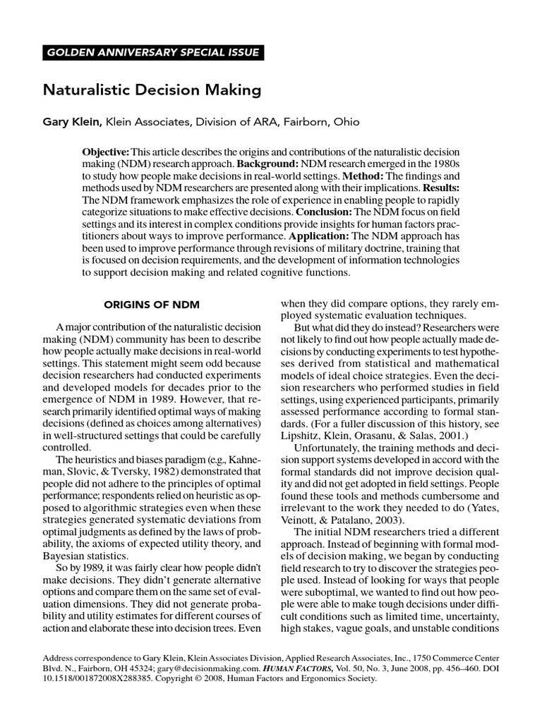 Klein 2008 Naturalistic Decision Making | PDF | Decision Making | Intuition