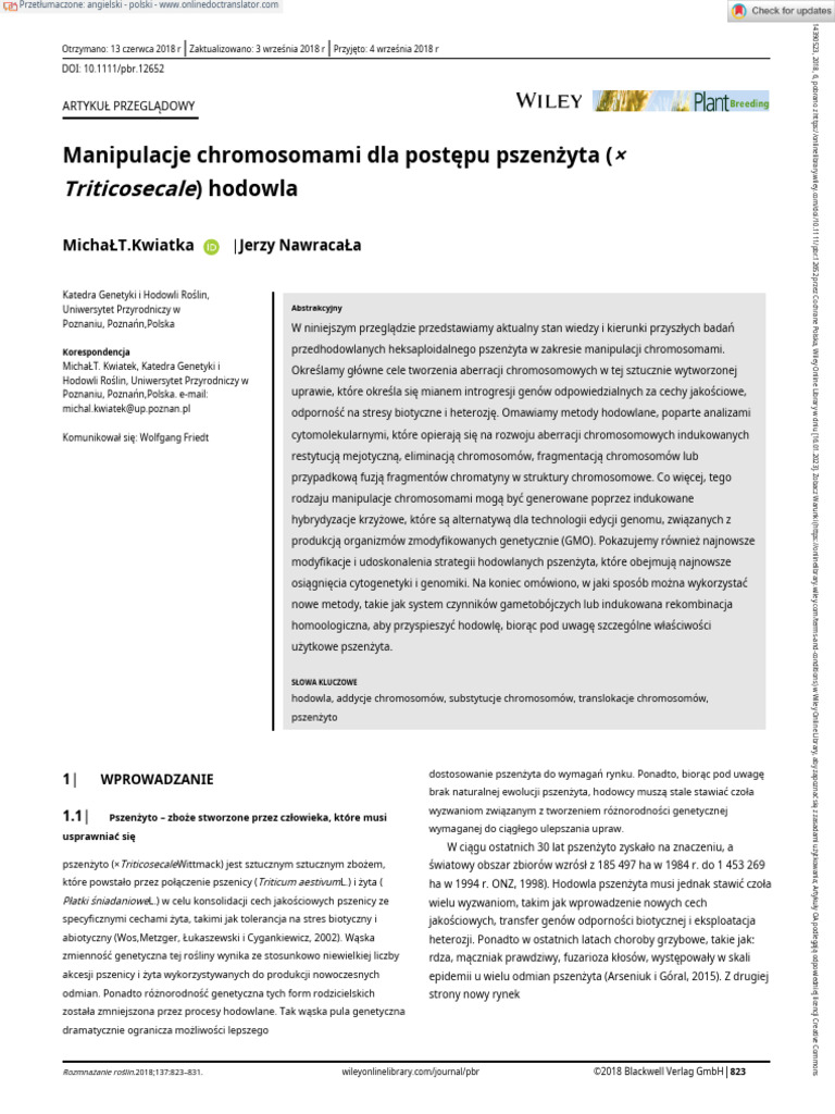Plant Breeding - 2018 - Kwiatek - Chromosome Manipulations For Progress of Triticale ...