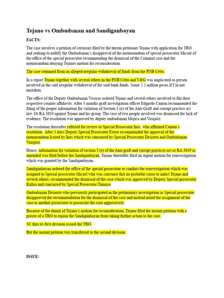 Digest - TEJANO VS OMBUDSMAN and SANDIGANBAYAN | PDF