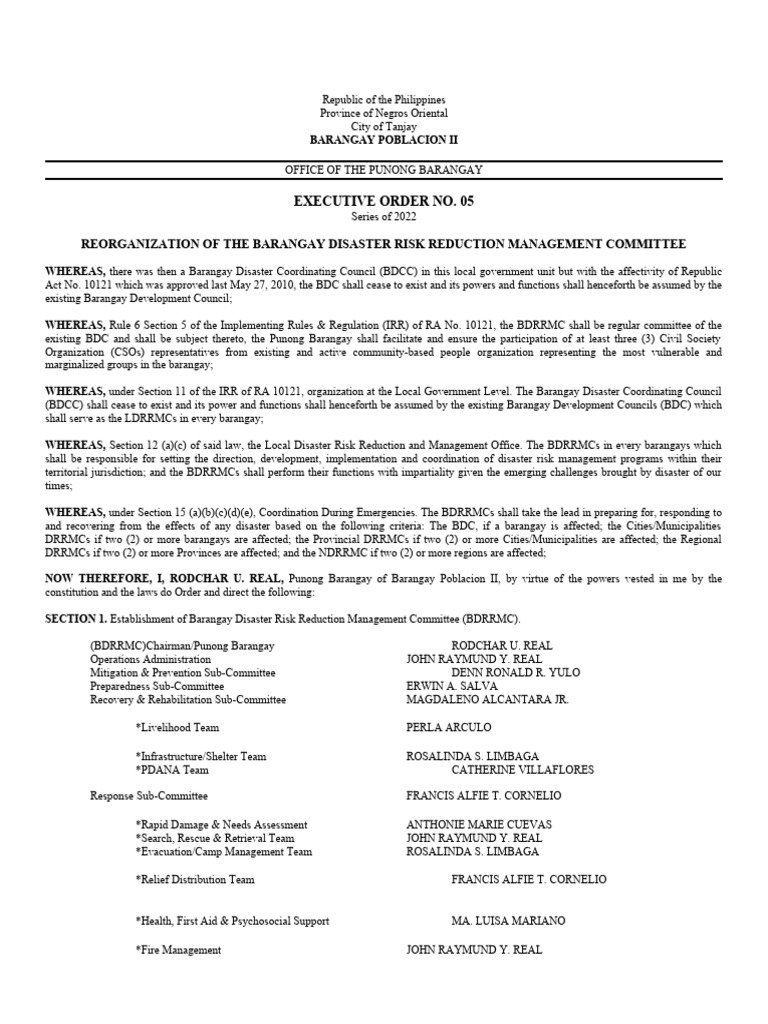EO 05 BDRRM Reorganization | PDF | Disaster Risk Reduction | Emergency ...