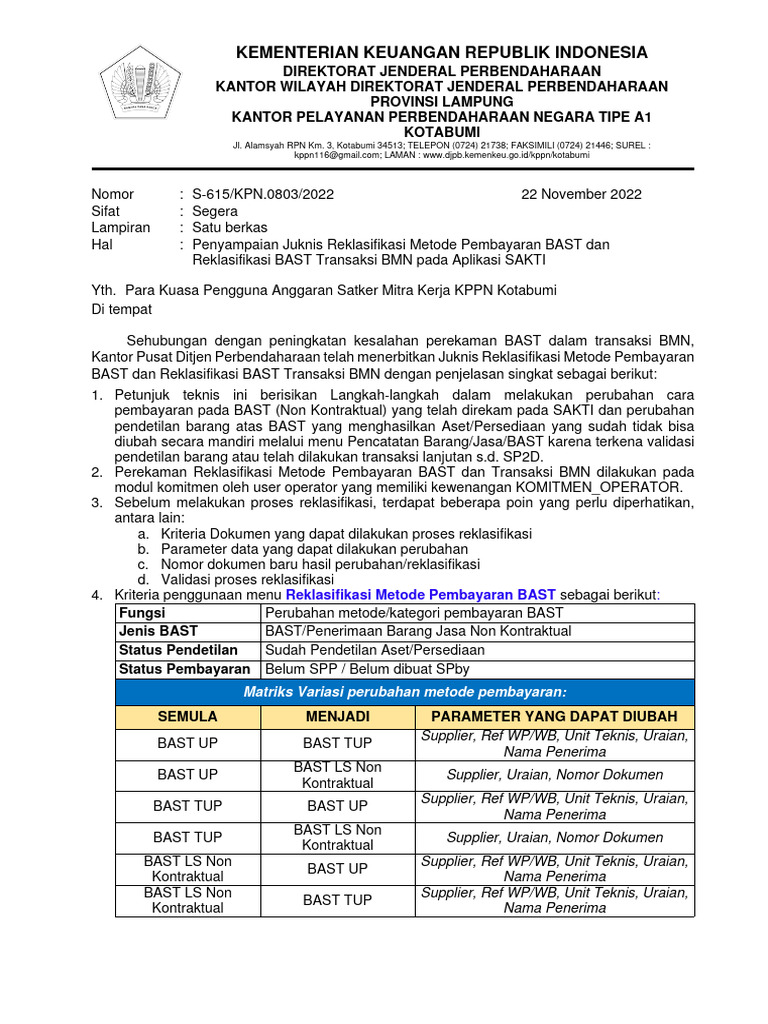 S-615 - Penyampaian Juknis Reklas Metode Pembayaran BAST Dan BAST Transaksi BMN | PDF