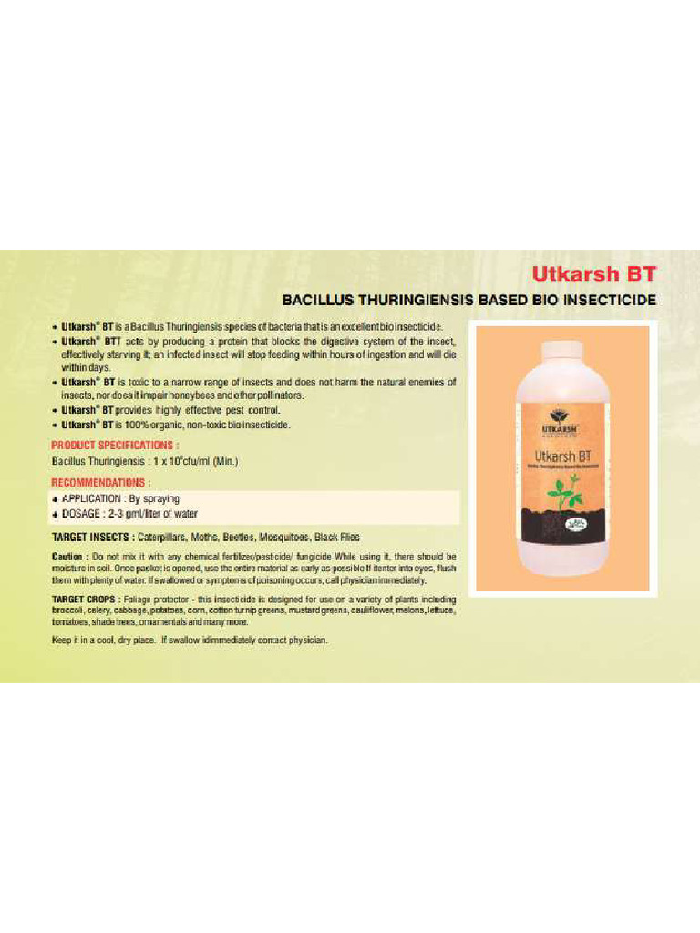 BT Bacillus Thuringiensis Based Bio Insecticide | PDF