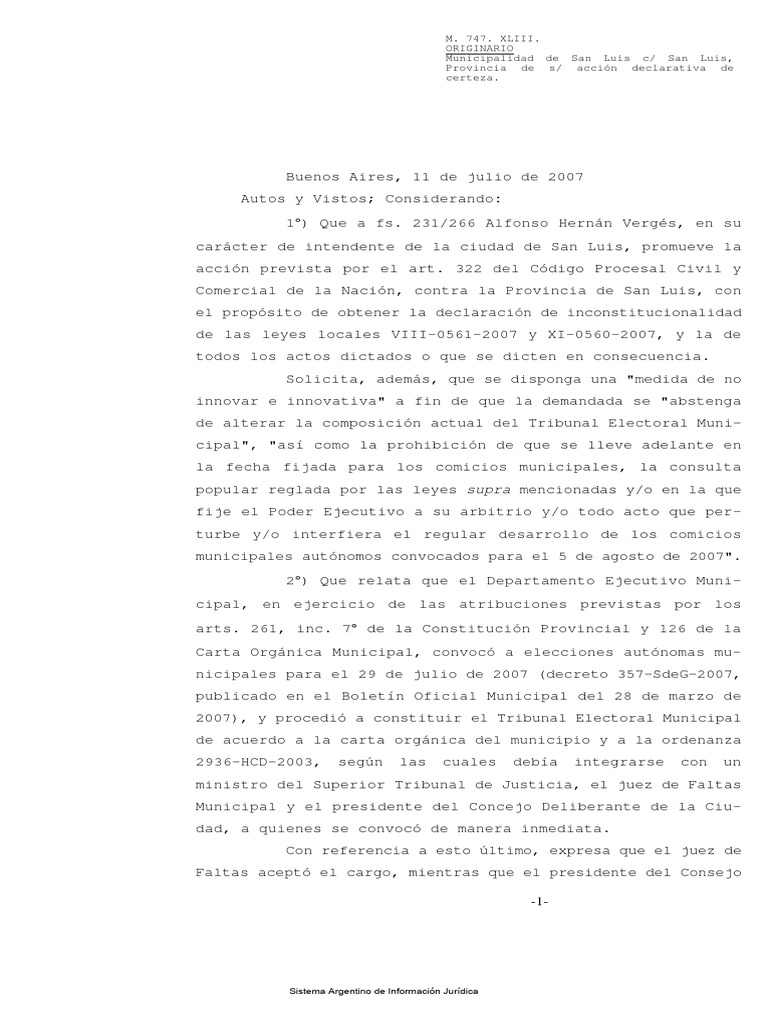 Fallo Municipalidad de San Luis C Prov de San Luis 2007 | PDF