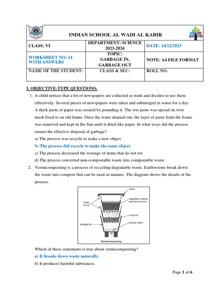 Garbage Management Worksheet for Class VI | PDF | Waste | Landfill