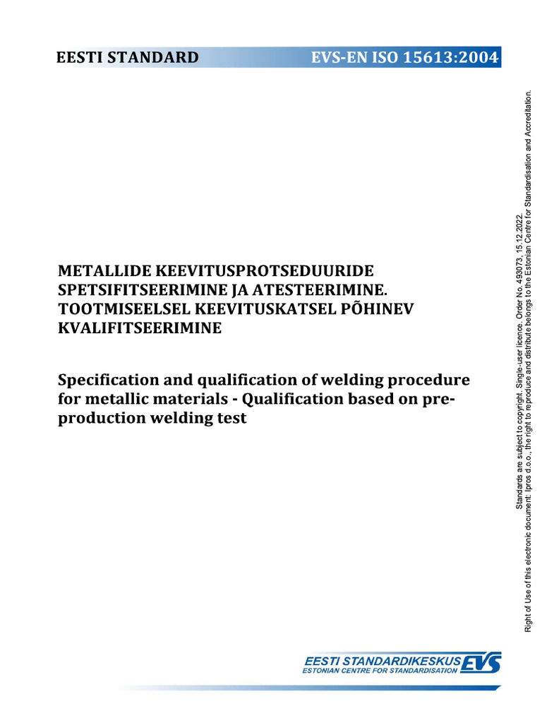EN - ISO - 15613 2004 - en Specification and Qualification of Welding Procedure For Metallic ...