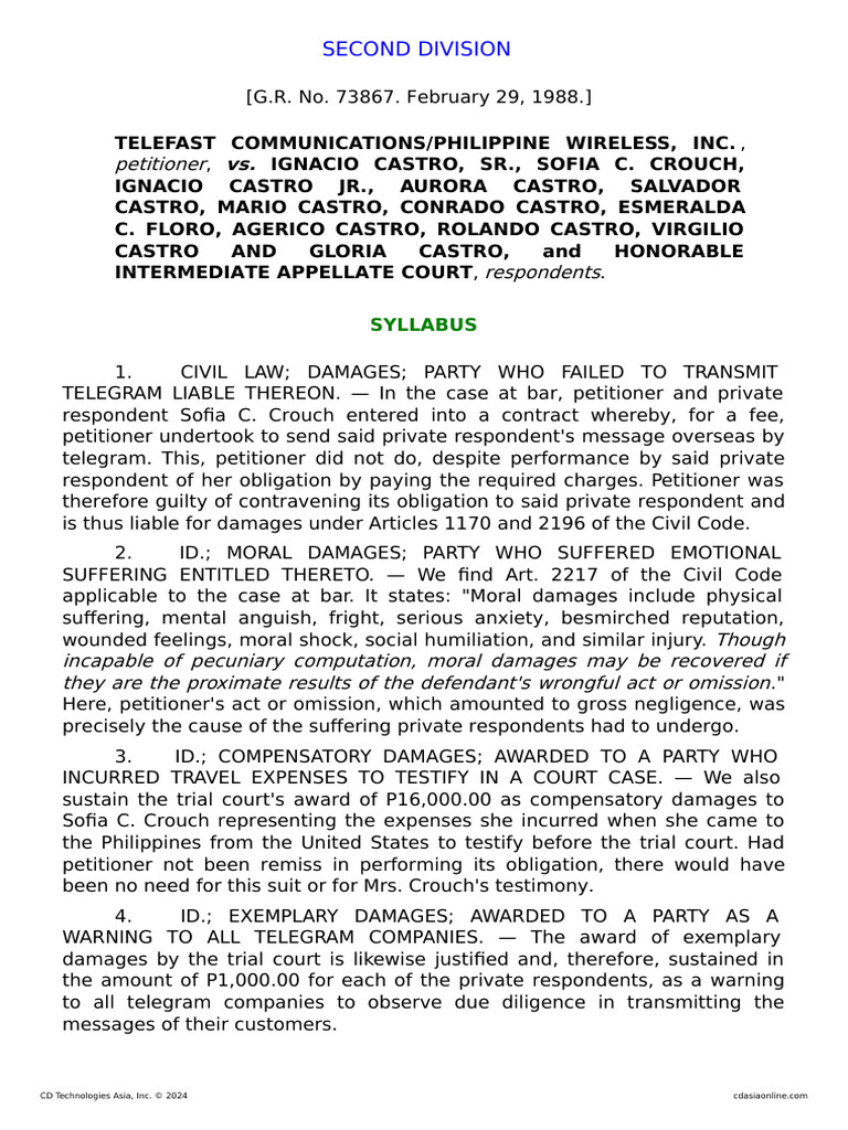 Telefast v. Castro, Sr. | PDF | Damages | Negligence