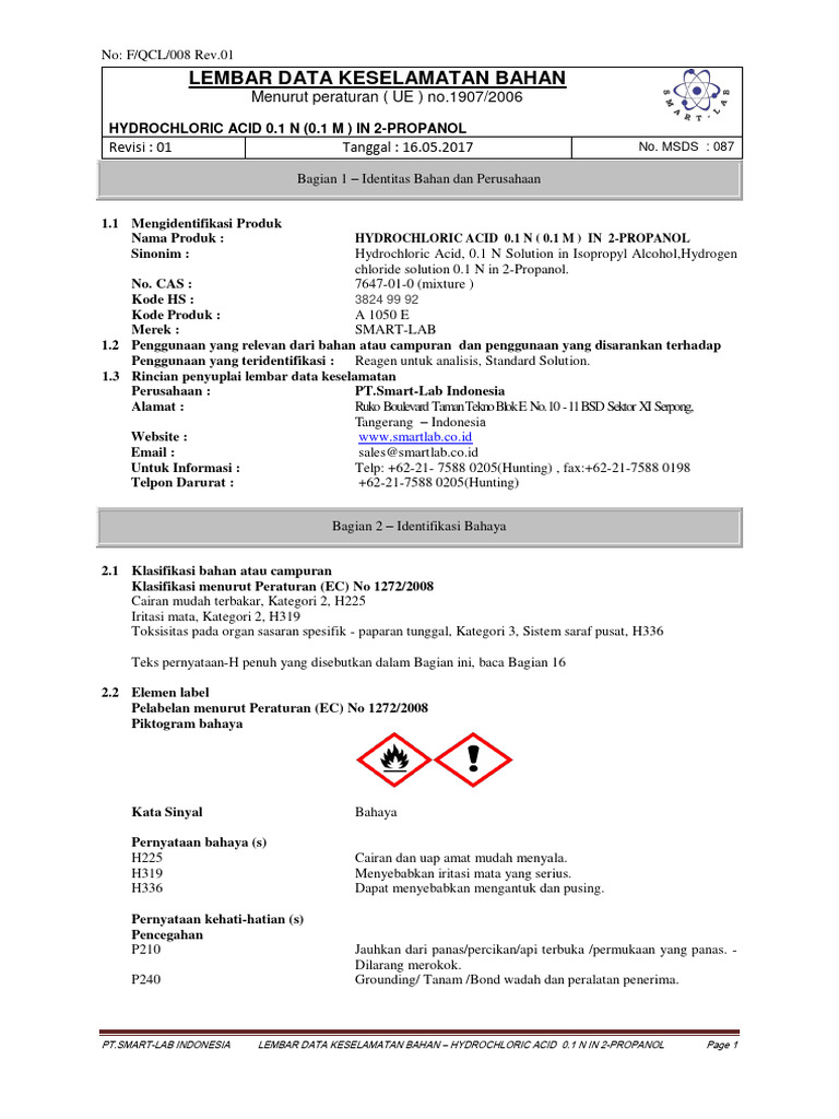 MSDS HYDROCHLORIC ACID 0.1 N in 2-Propanol (INDO) | PDF