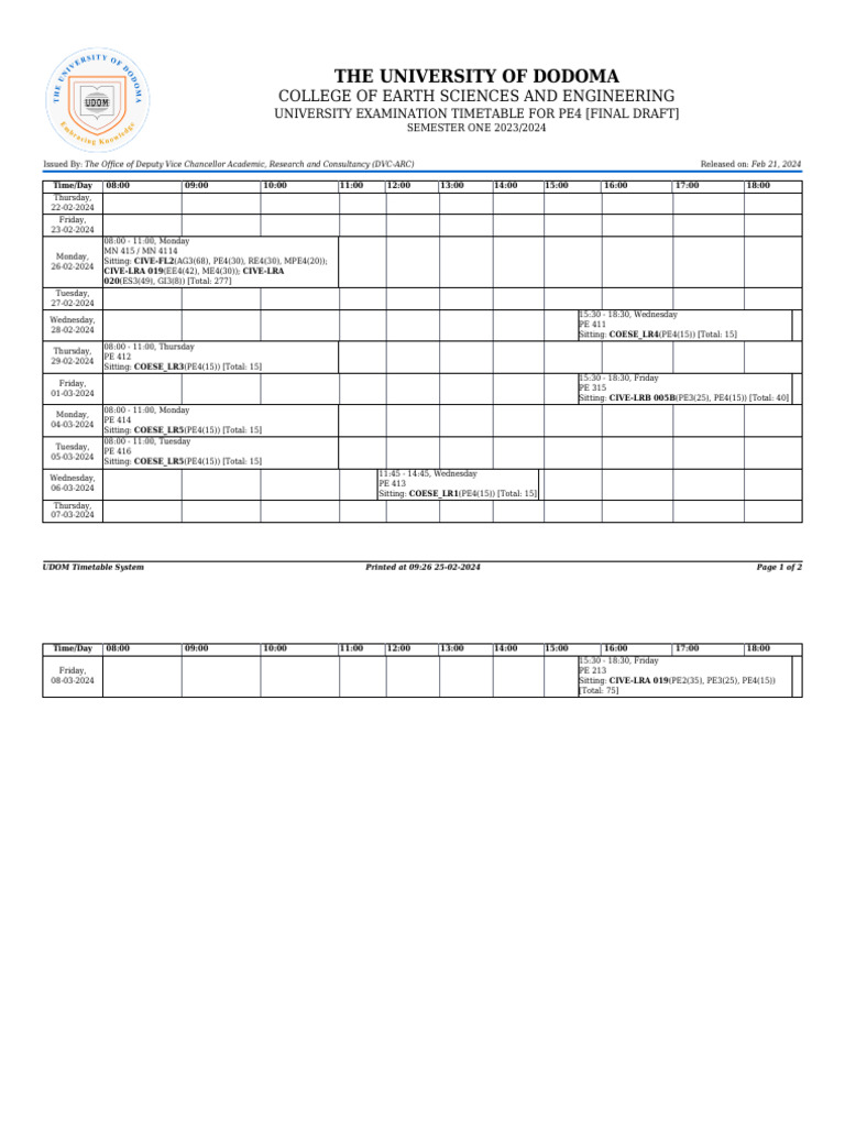 PE4 - Examination Timetable2024-02!25!060226 | PDF