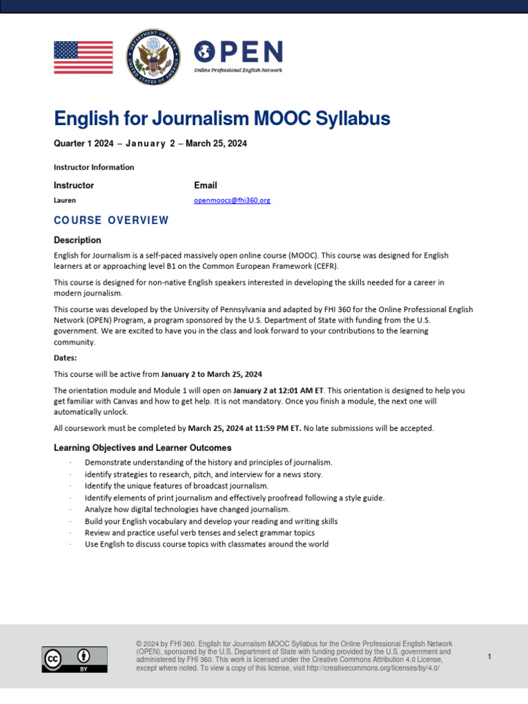 English for Journalism Course Syllabus | PDF | Journalism | News