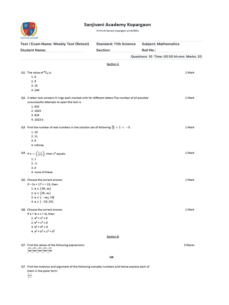 Class 11 Weekly Maths Test Paper | PDF | Mathematics | Science