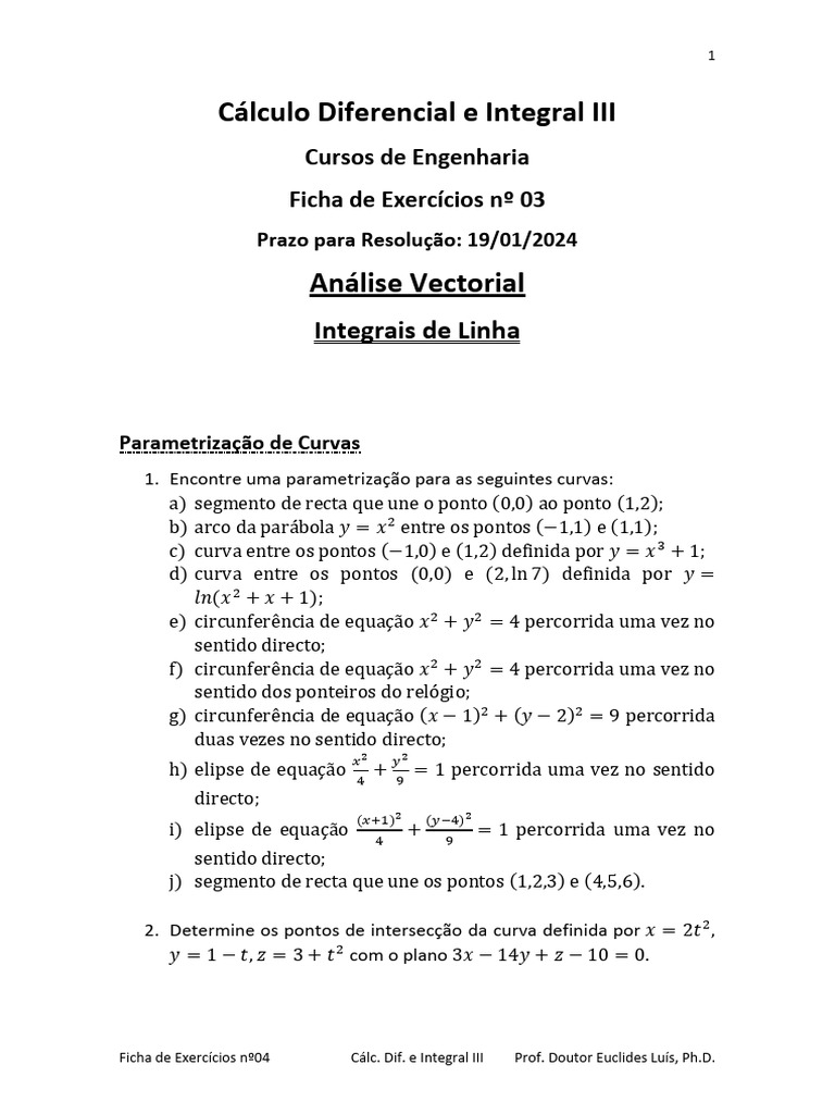 Ficha de Exercicios 3 Calculo III ISPTEC 11-01-2024 | PDF | Cálculo | Integrante