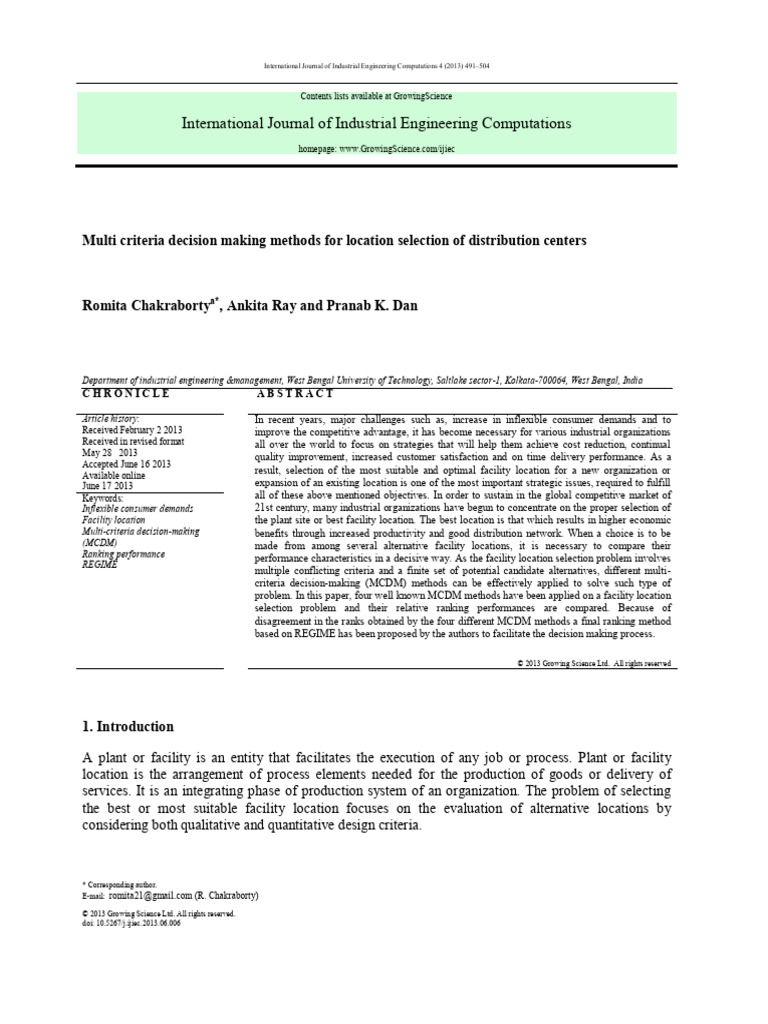 Multi Criteria Decision Making Methods For Locatio | PDF | Decision ...