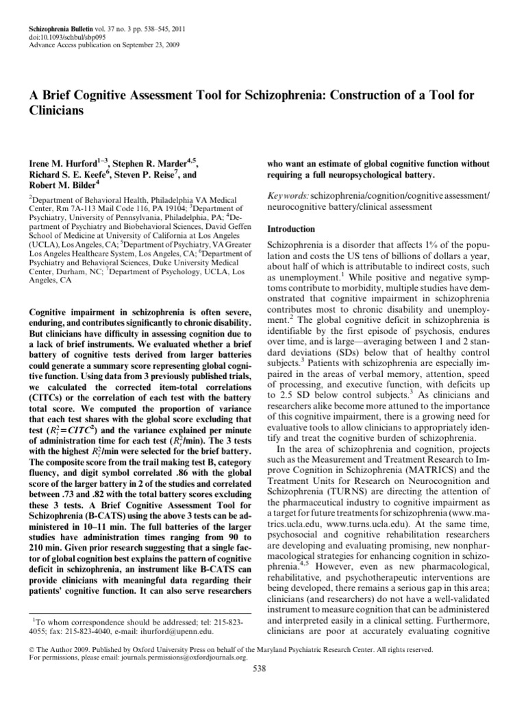 A Brief Cognitive Assessment Tool for Schizophrenia | PDF ...