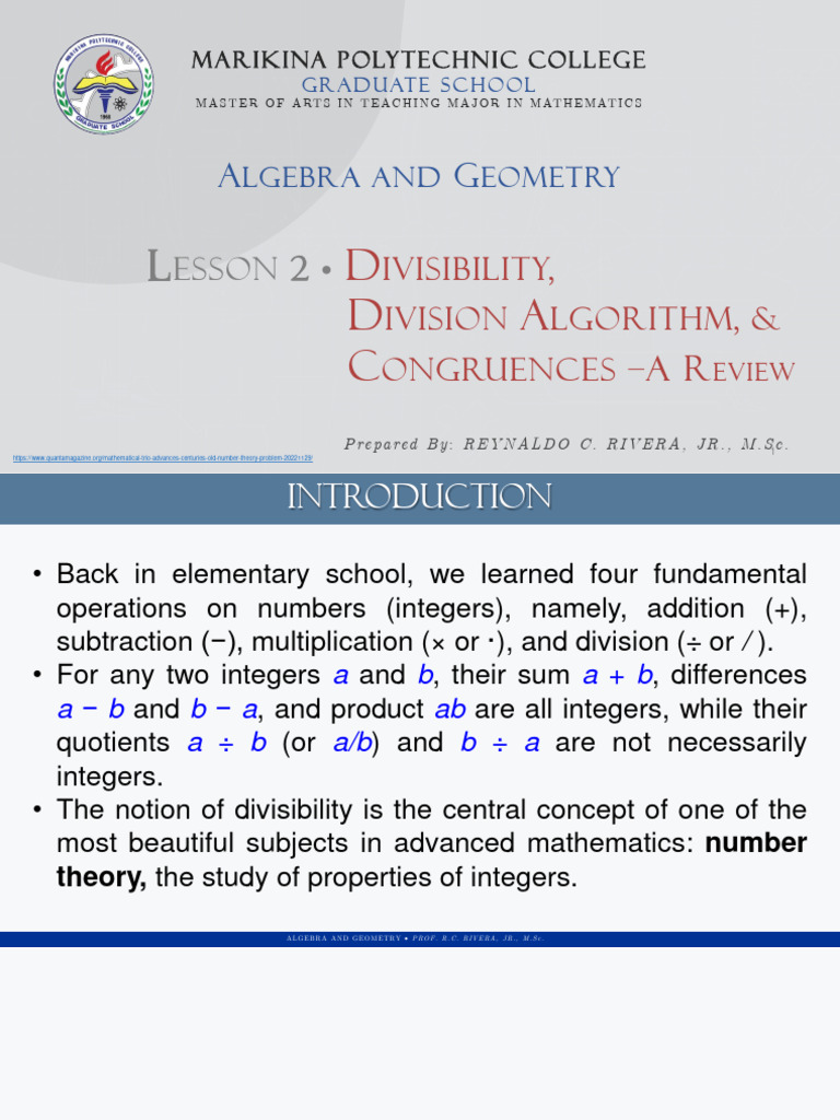 LESSON 2 Divisibility Division Algorithm and Congruences A Review Lec ...