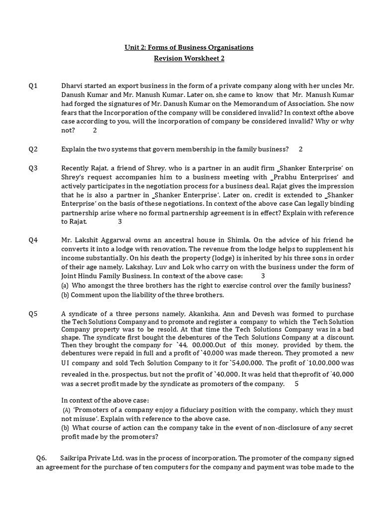 Unit 2: Forms of Business Organisations Revision Worskheet 2 | PDF ...