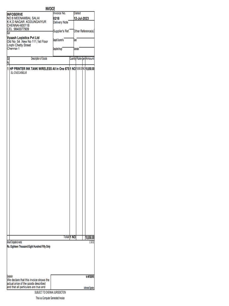 HP 675 Printer Bill | PDF