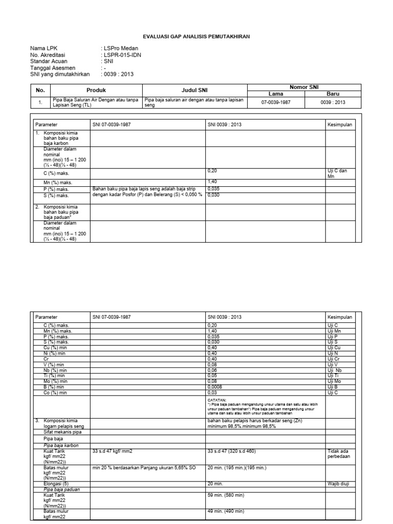 Gap Analysis Pemutakhiran SNI 0039 | PDF