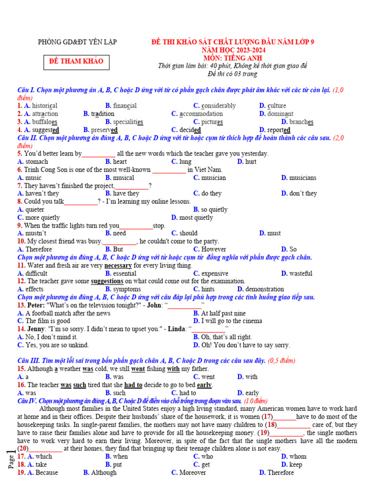 ĐỀ THAM KHẢO KSCL LỚP 9 | PDF